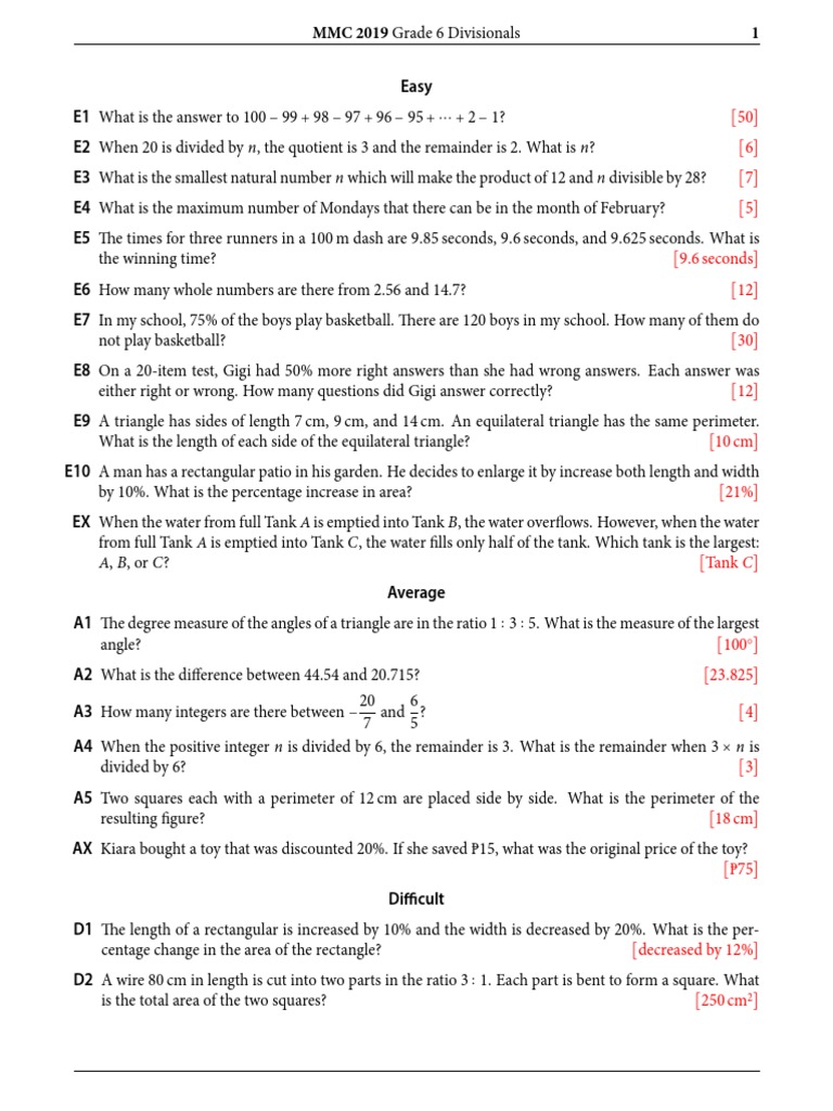 2019 Math Challenge Grade 6 Division | PDF | Geometry | Elementary ...