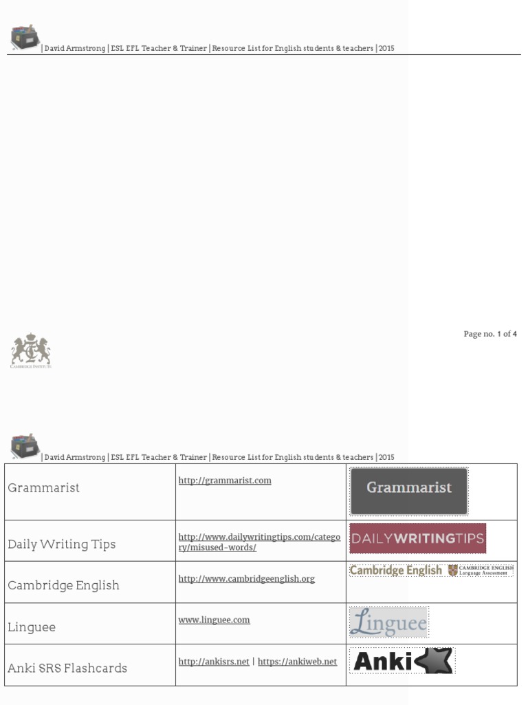 David Armstrong - ESL EFL Teacher & Trainer - Resource List For English ...