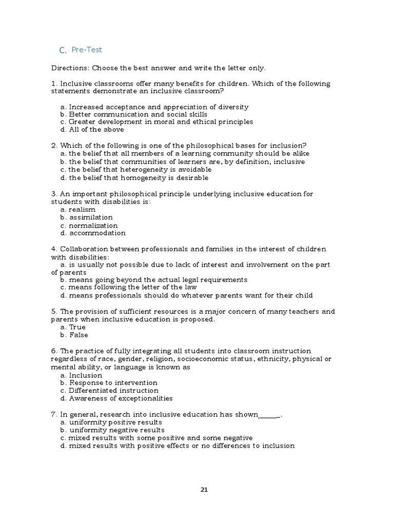 Pre Test | PDF | Inclusion (Education) | Pedagogy