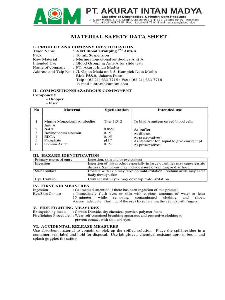 AIM Anti-A Blood Grouping MSDS | PDF | Personal Protective Equipment ...