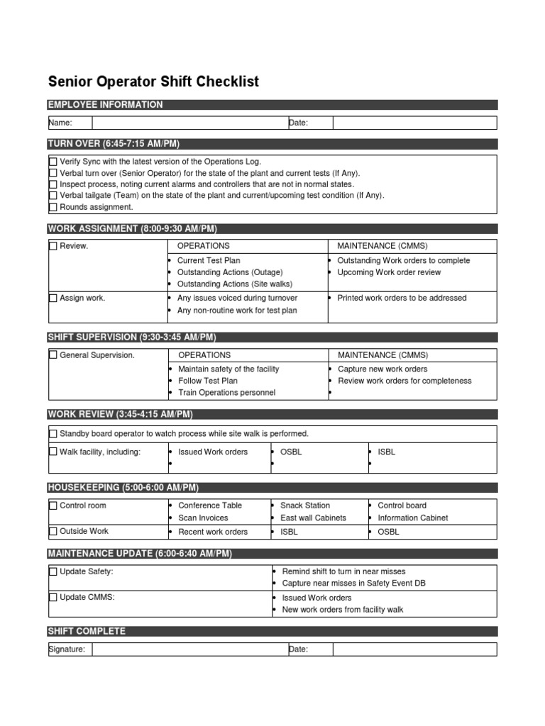 Senior Operator STANDARD Shift Checklist | PDF | Business