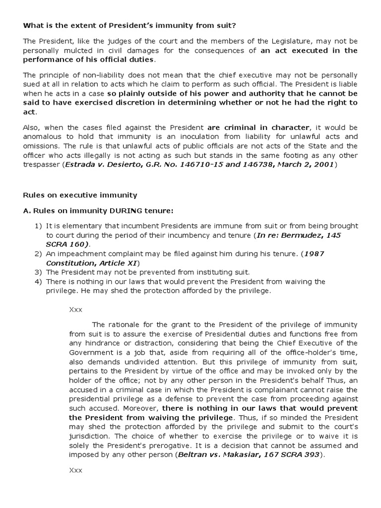 Scope of President's Immunity From Suit | PDF | Sovereign Immunity ...