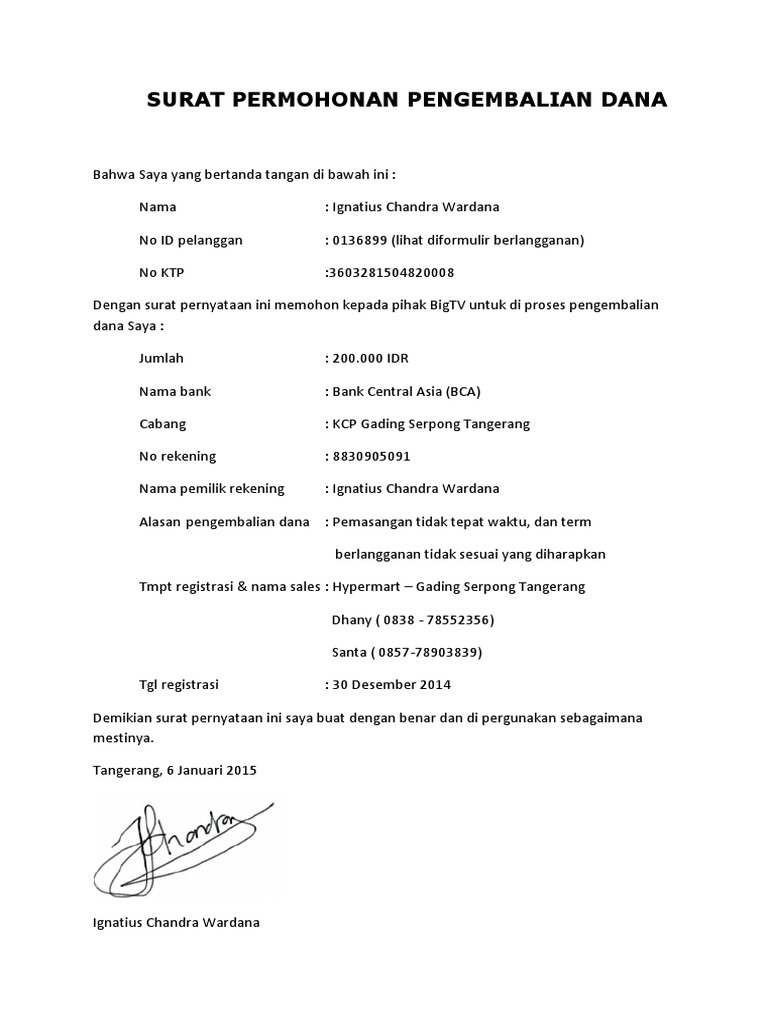 Surat Pernyataan Refund Ignatius Chandra Wardana | PDF