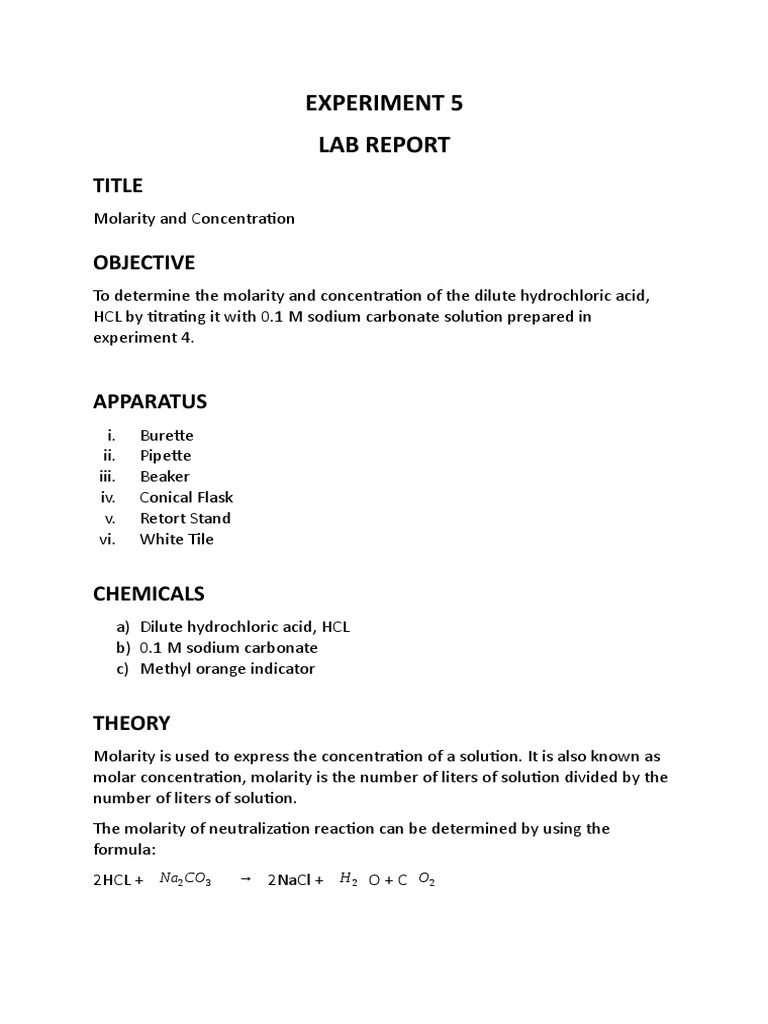Experiment 5 Lab Report: Title Objective | PDF | Hydrochloric Acid ...