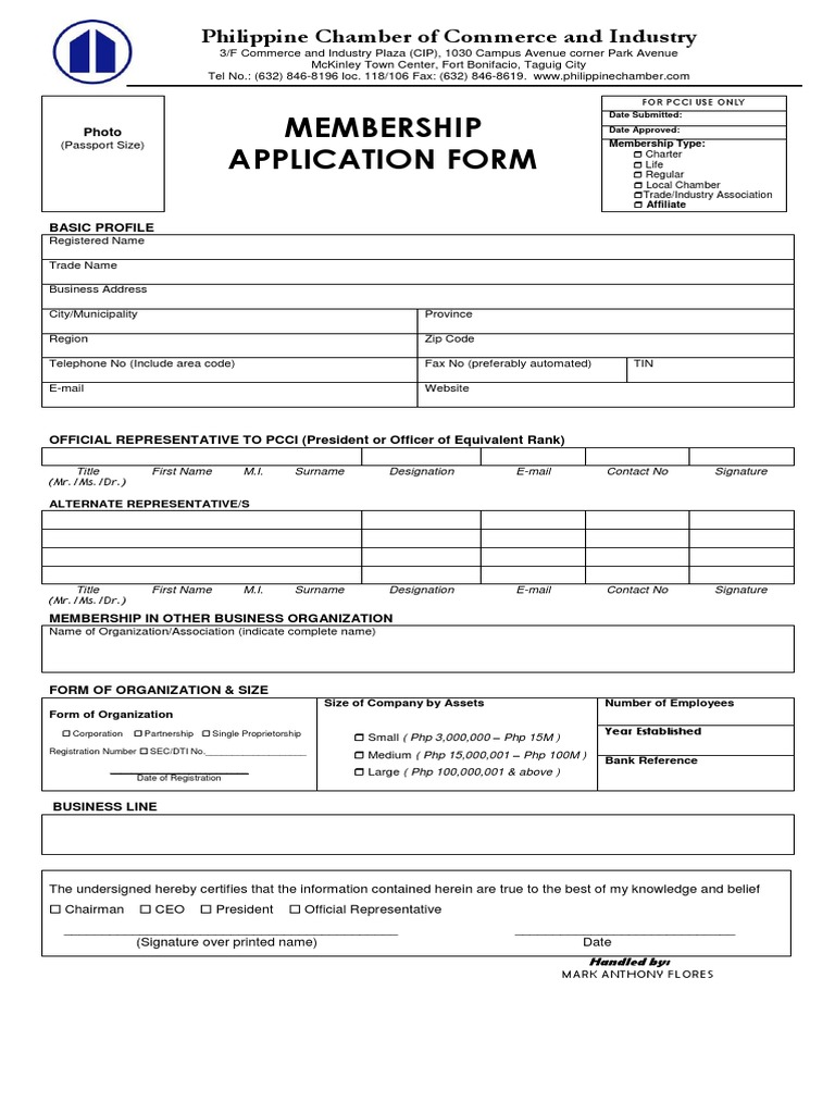 Membership Application Form: Philippine Chamber of Commerce and Industry | PDF | Fee | Business