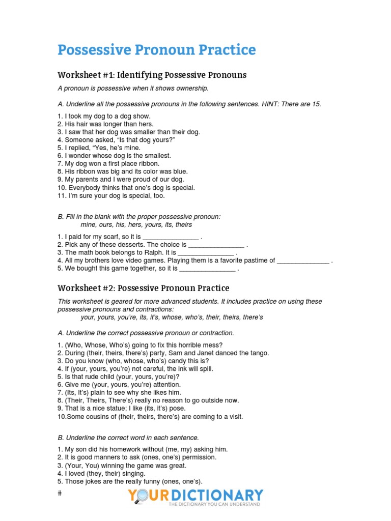 Possessive Pronoun Identification Worksheet | PDF