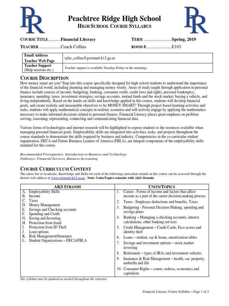 Sample Financial Literacy Syllabus Pdf Personal Finance Financial