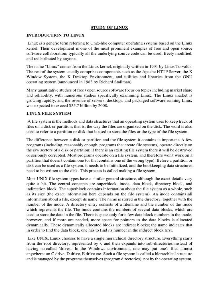 Study of Linux Introduction To Linux | PDF | Linux | File System