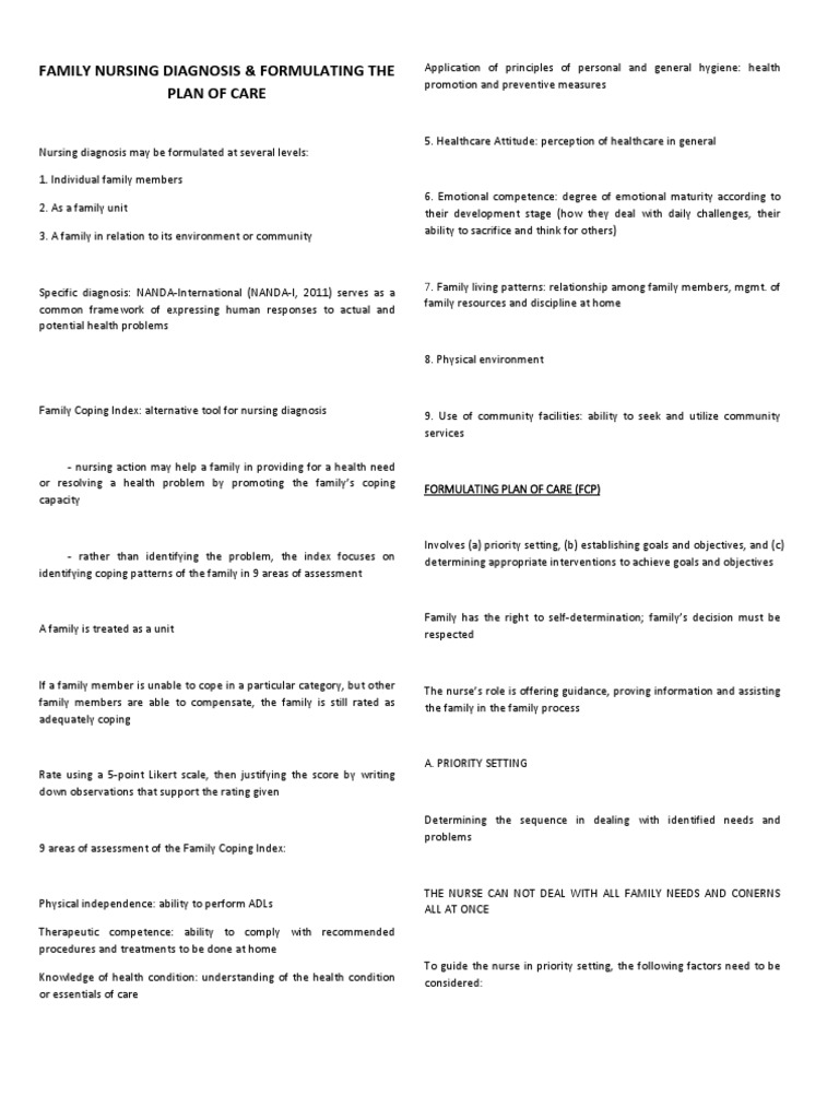 Family Nursing Diagnosis & Formulating The Plan of Care | PDF | Nursing ...