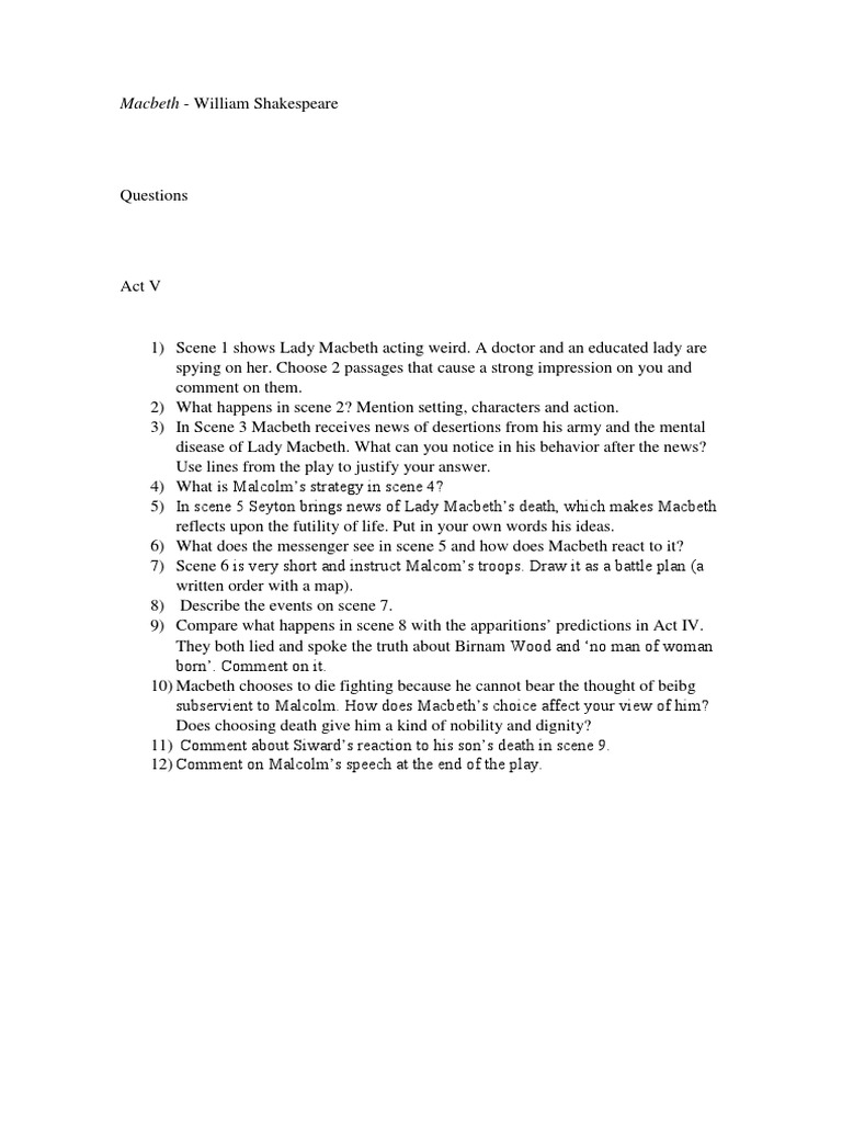 Macbeth - Questions-Act V | PDF | History