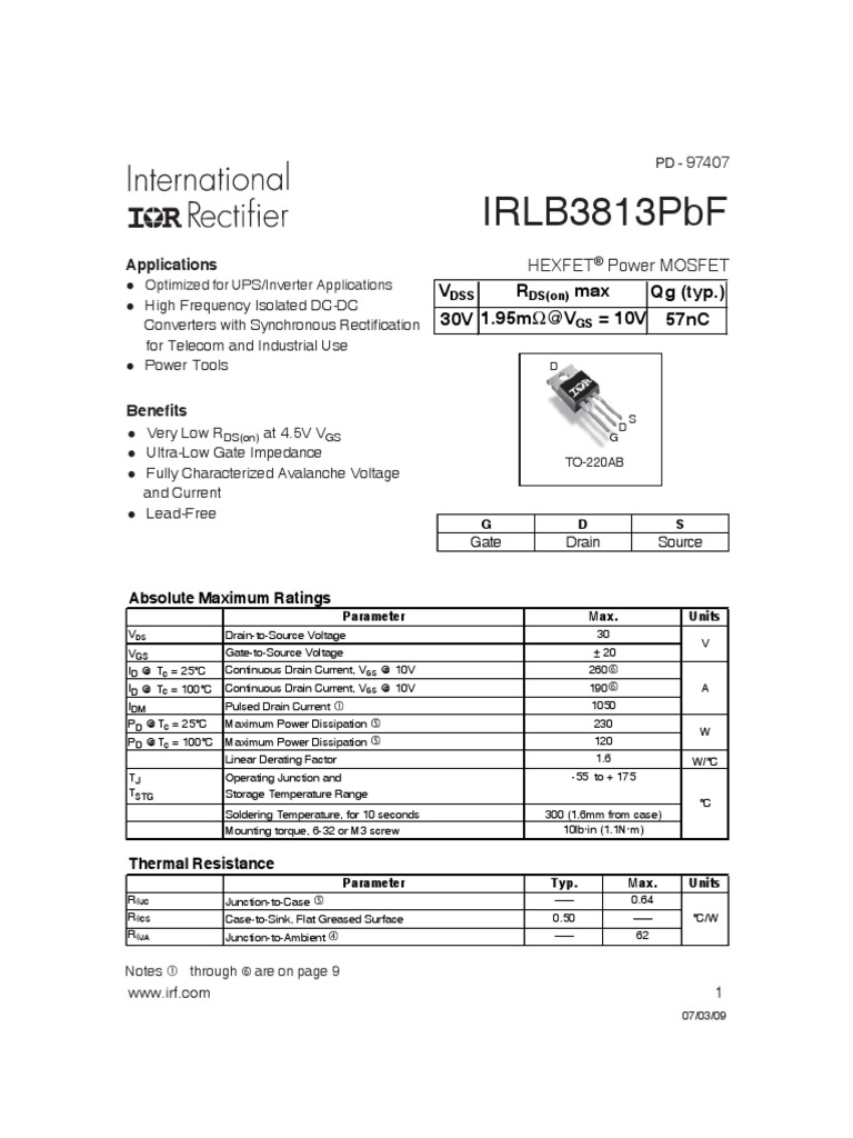 Irlb3813pbf Datasheet | PDF | Field Effect Transistor | Diode