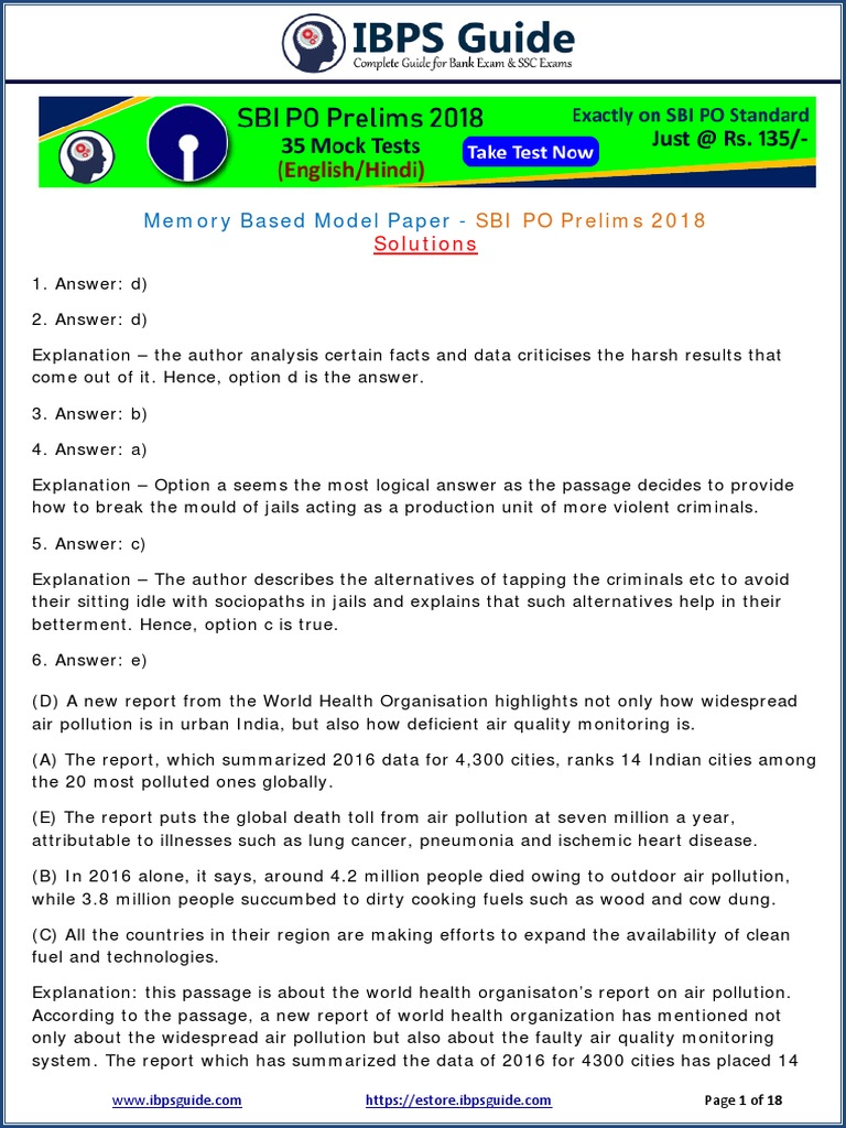 Memory Based Model Paper Solutions SBI PO Pre 2018 | PDF | Income Tax ...