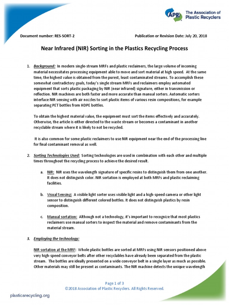 Near Infrared (NIR) Sorting in The Plastics Recycling Process | PDF ...