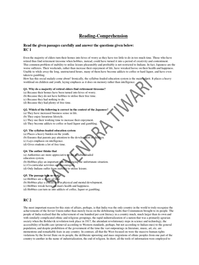 Reading-Comprehension: Read The Given Passages Carefully and Answer The ...