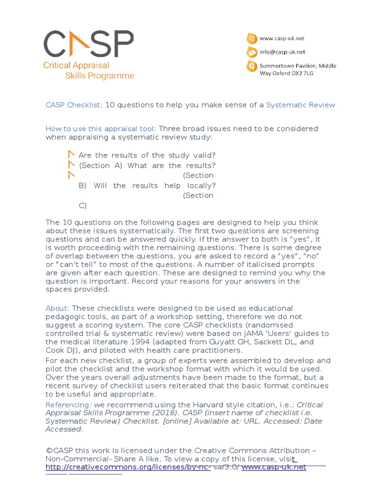 CASP Systematic Review Checklist 2018 - Fillable Form | Systematic ...