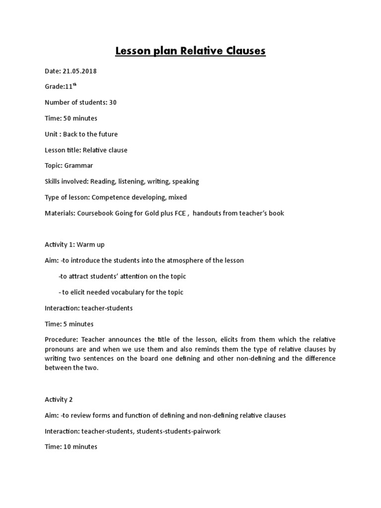 Lesson Plan Relative Clauses | PDF | Sentence (Linguistics) | Learning