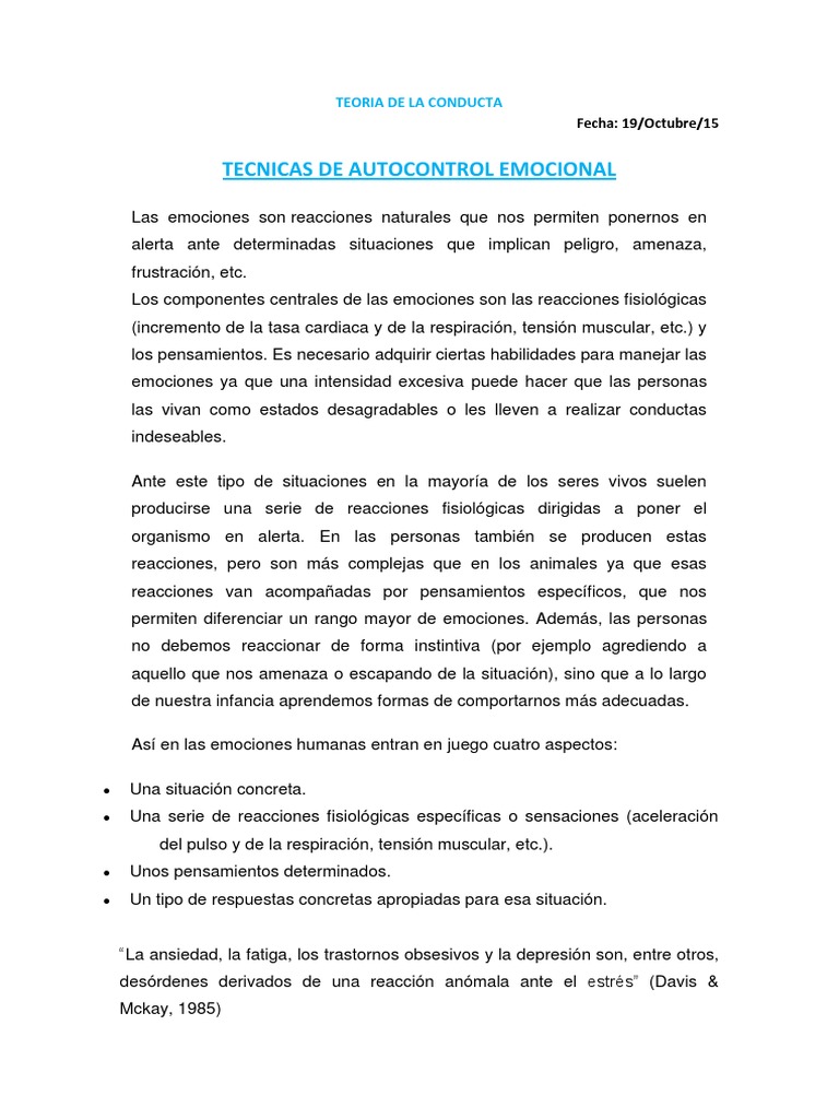 Tecnicas de Autocontrol Emocional | PDF | Ansiedad | Estrés (biología)