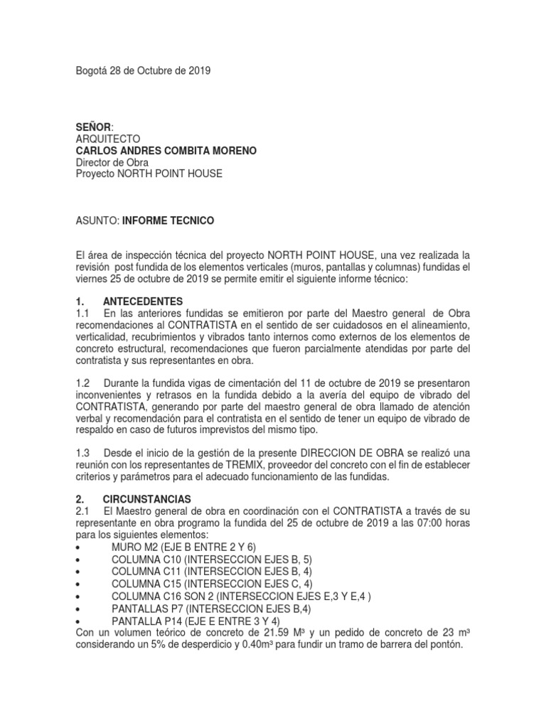 Informe Tecnico 001 | PDF | Hormigón | Ingeniero civil