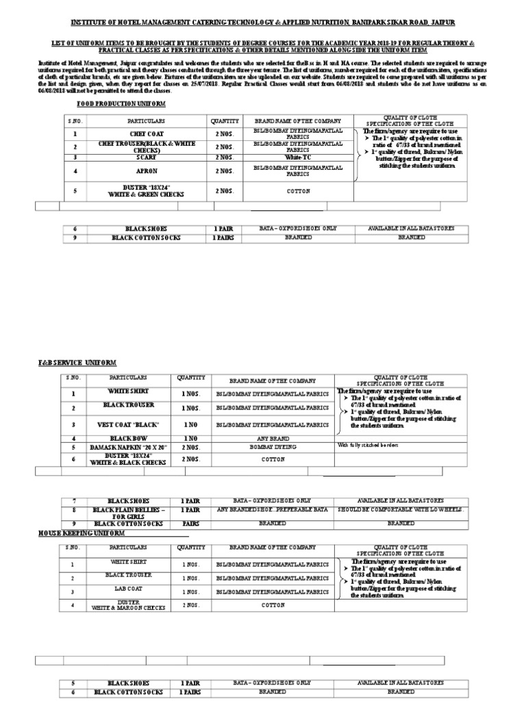 Uniforms For HM Students | PDF | Sock | Textiles