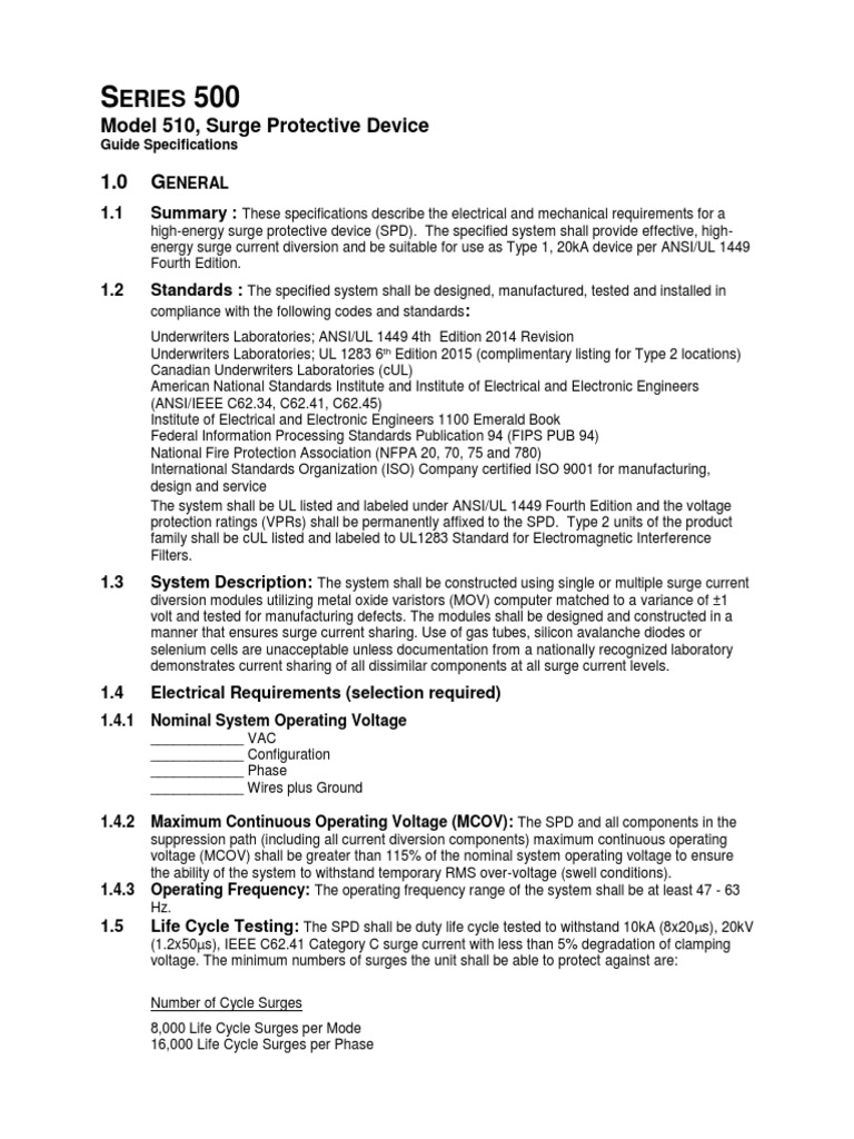 Specification for a High-Energy Surge Protective Device Meeting ANSI/UL ...
