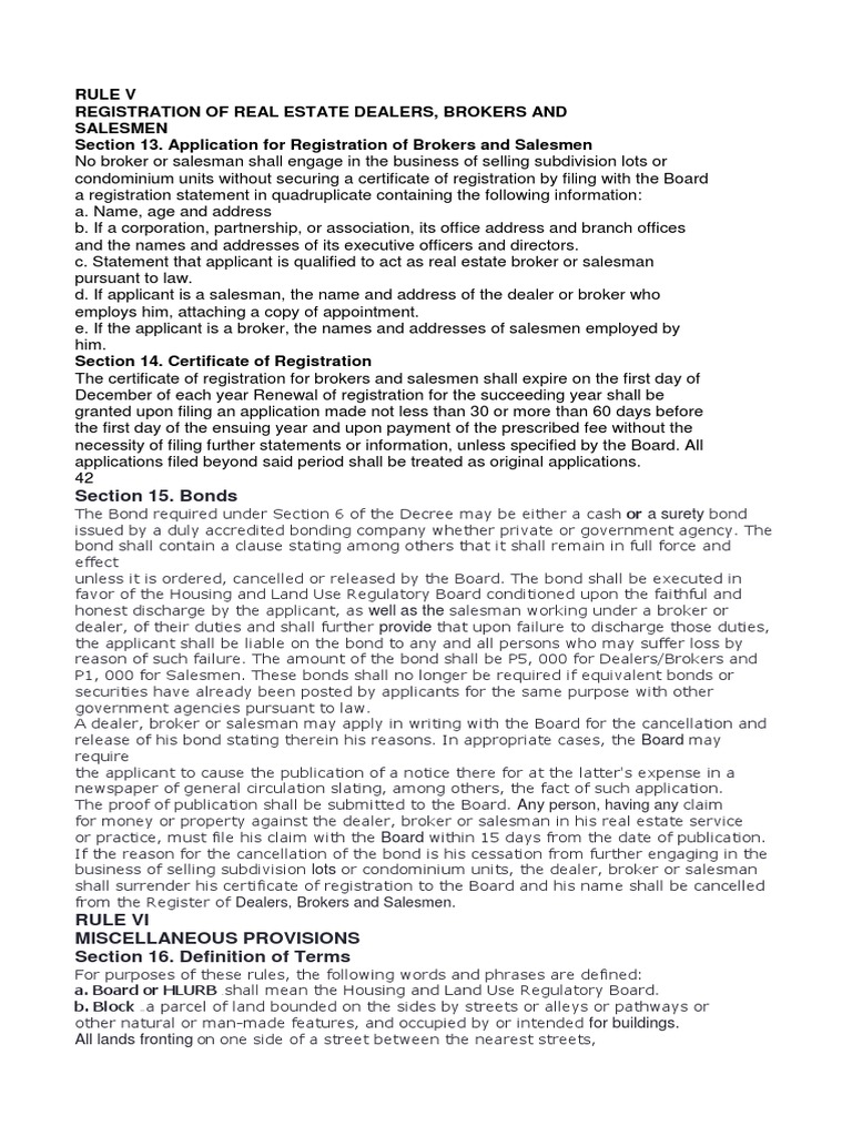 Rule V Registration of Real Estate Dealers, Brokers and Salesmen Section 13. Application For ...