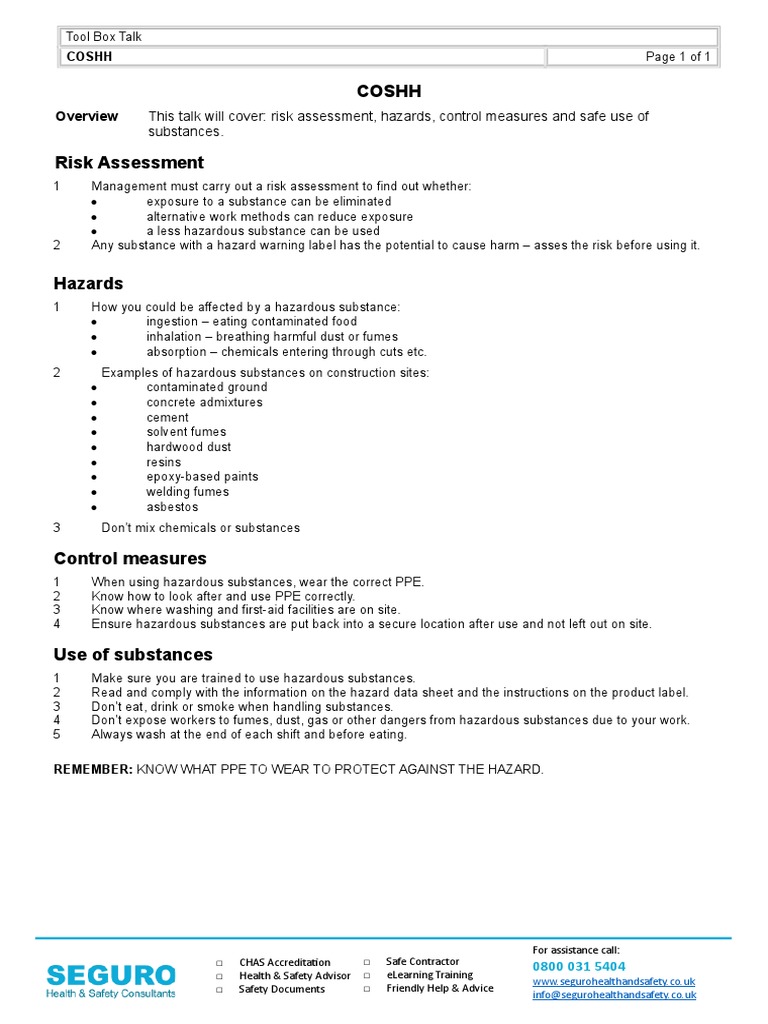 Coshh: This Talk Will Cover: Risk Assessment, Hazards, Control Measures ...