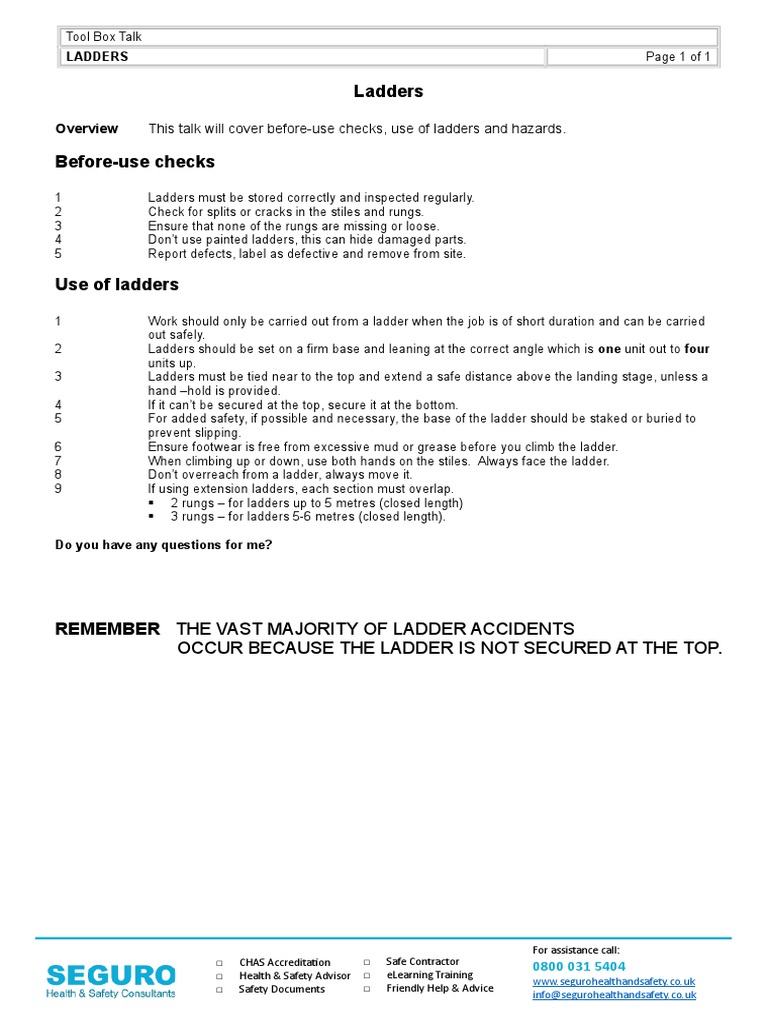 Ladders: This Talk Will Cover Before-Use Checks, Use of Ladders and ...