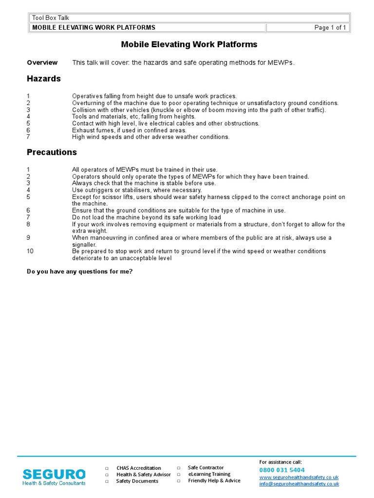 Mobile Elevating Work Platforms Safety Guide | PDF | Manufactured Goods ...