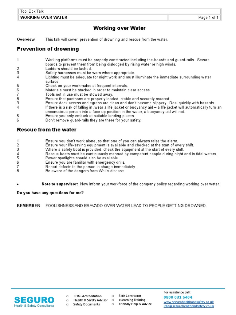 Working Over Water | PDF | Prevention | Safety