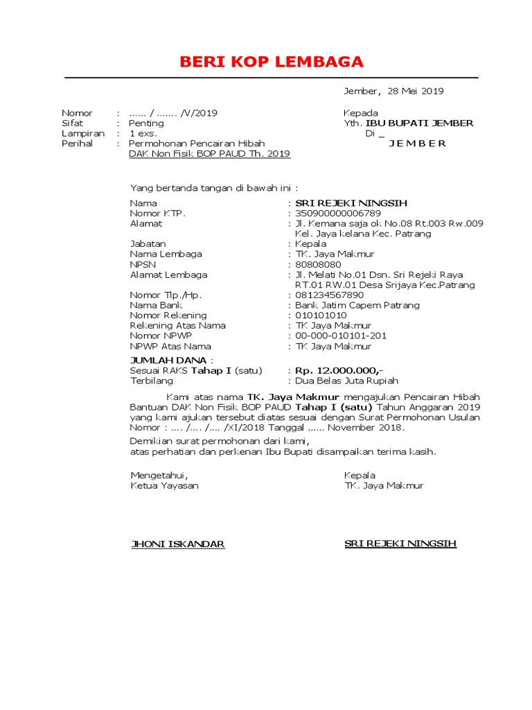 CONTOH Surat Permohonan Pencairan BOP 2019 | PDF