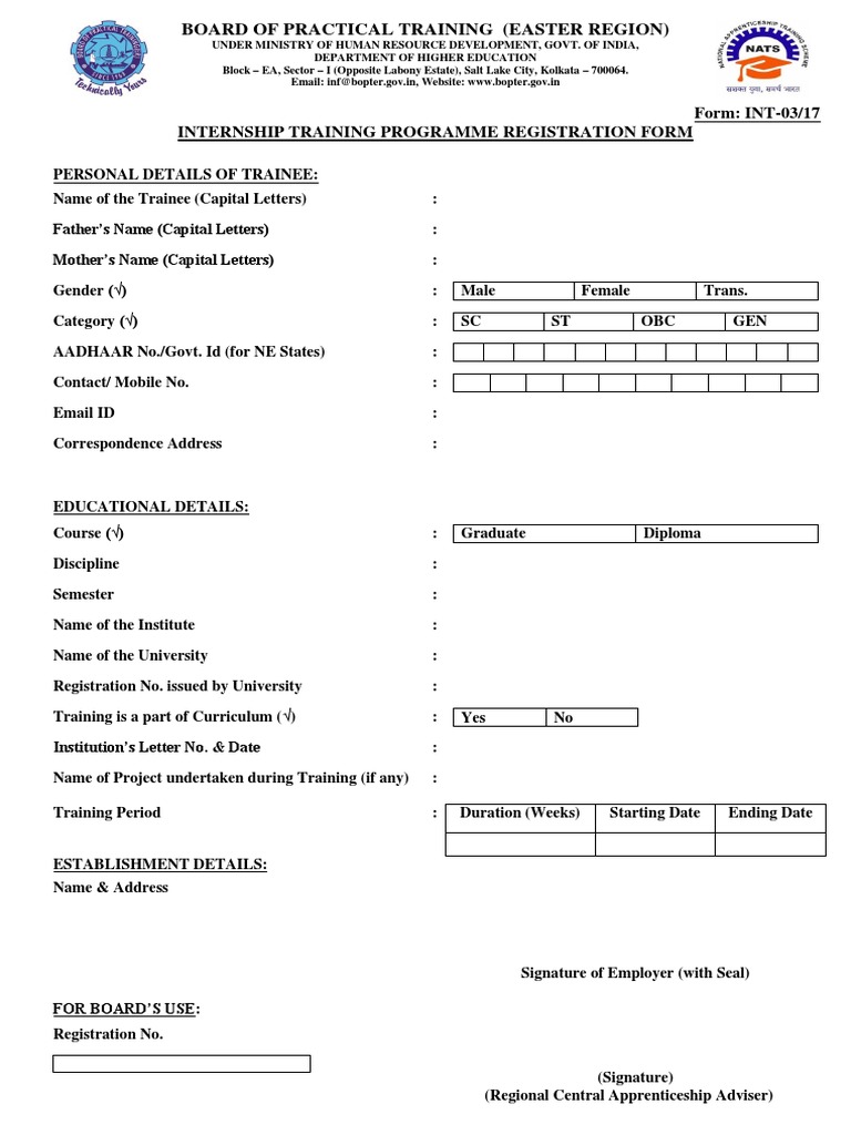 Form: INT-03/17 Internship Training Programme Registration Form | PDF ...