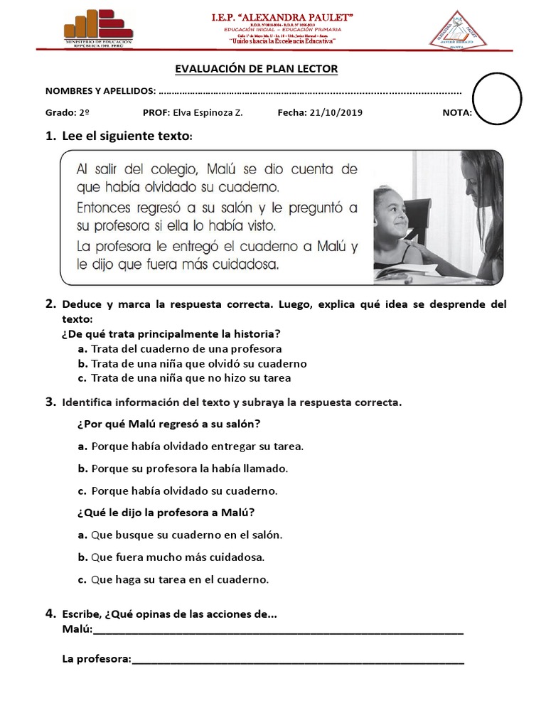 Evaluacion Plan Lector 8 | PDF