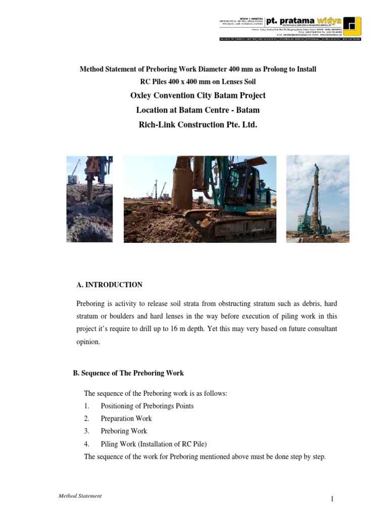 Method Statement - Preboring - R1 | PDF | Drilling Rig | Deep Foundation