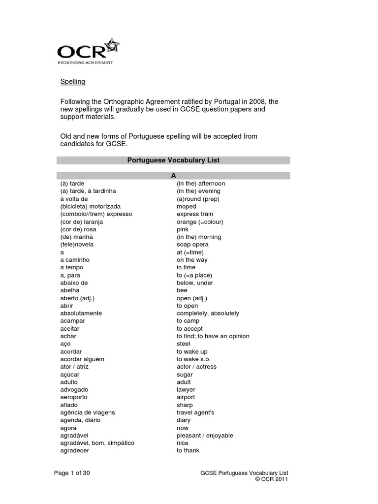 Spelling: Portuguese Vocabulary List A | PDF | Nature