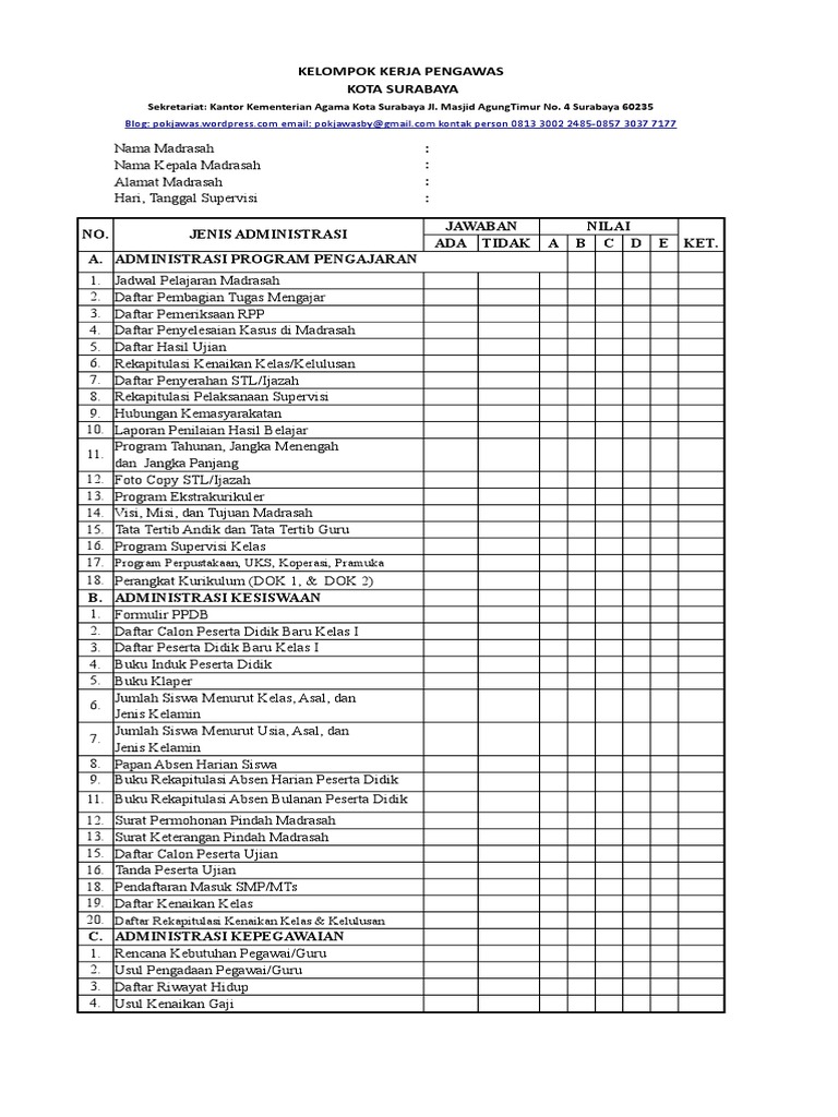 Administrasi Kepala Madrasah - Ceklist | PDF