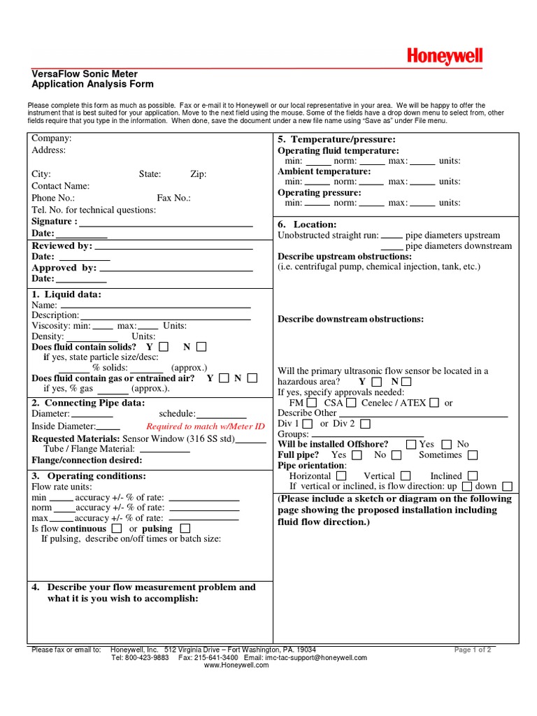 Honeywell VersaFlow Sonic Meter Application Form | PDF | Flow ...