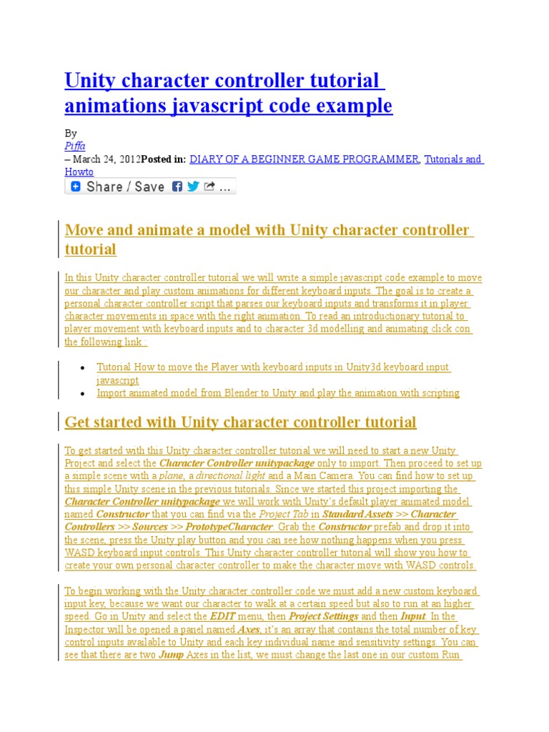 Unity Character Controller Tutorial Animations Javascript Code Example Pdf Java Script 