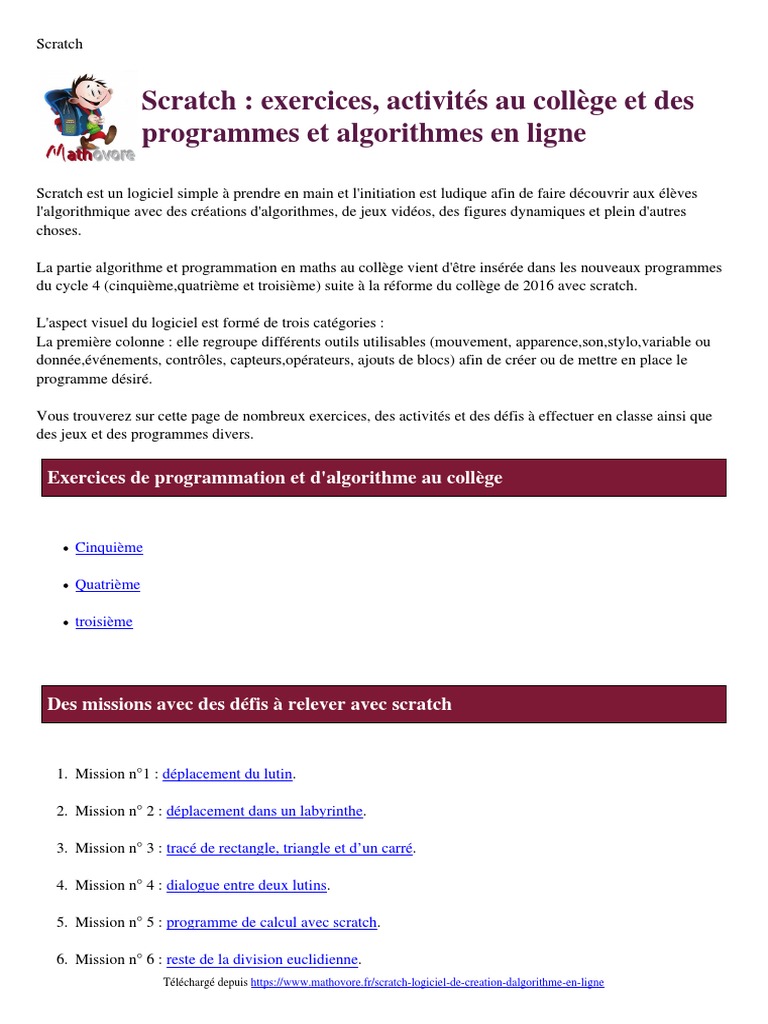 Scratch Exercices Activites Au College Et Des Programmes Et Algorithmes ...