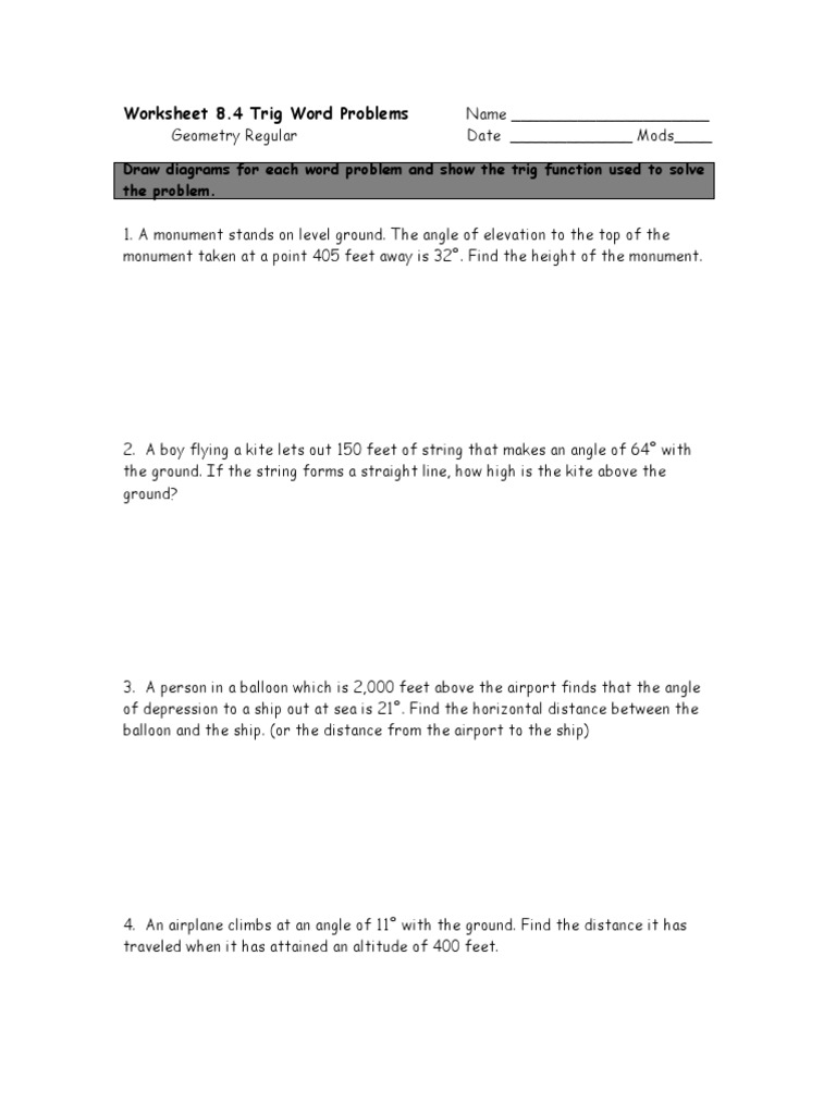 Worksheet 8.4 Trig Word Problems | PDF
