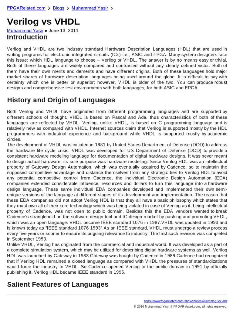 Verilog Vs VHDL: June 13, 2011 | PDF | Vhdl | Hardware Description Language Verilog Vs VHDL: June 13, 2011 | PDF | Vhdl | Hardware Description Language