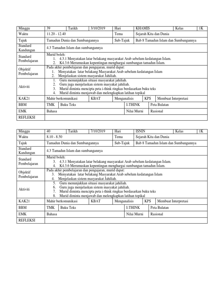 Contoh RPH KSSM Sejarah | PDF