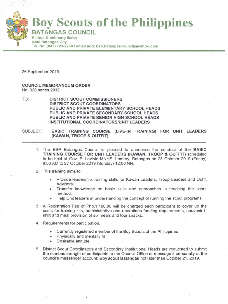 BSP Council Memorandum Order No.026 S.2019 Re Basic Training Course ...