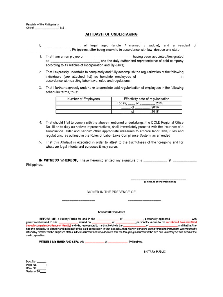 Affidavit of Undertaking (DOLE DO 174) | PDF | Notary Public | Signature