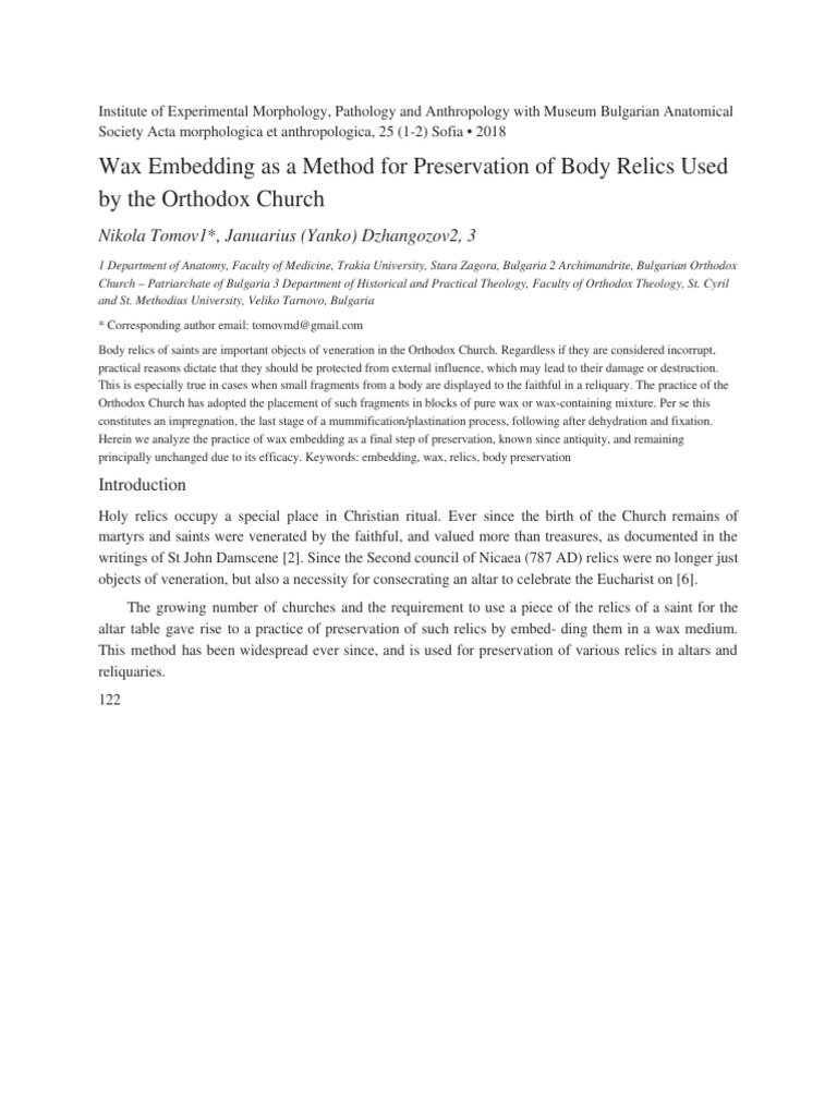 Wax Embedding As A Method For Preservation of Body Relics Used by The ...
