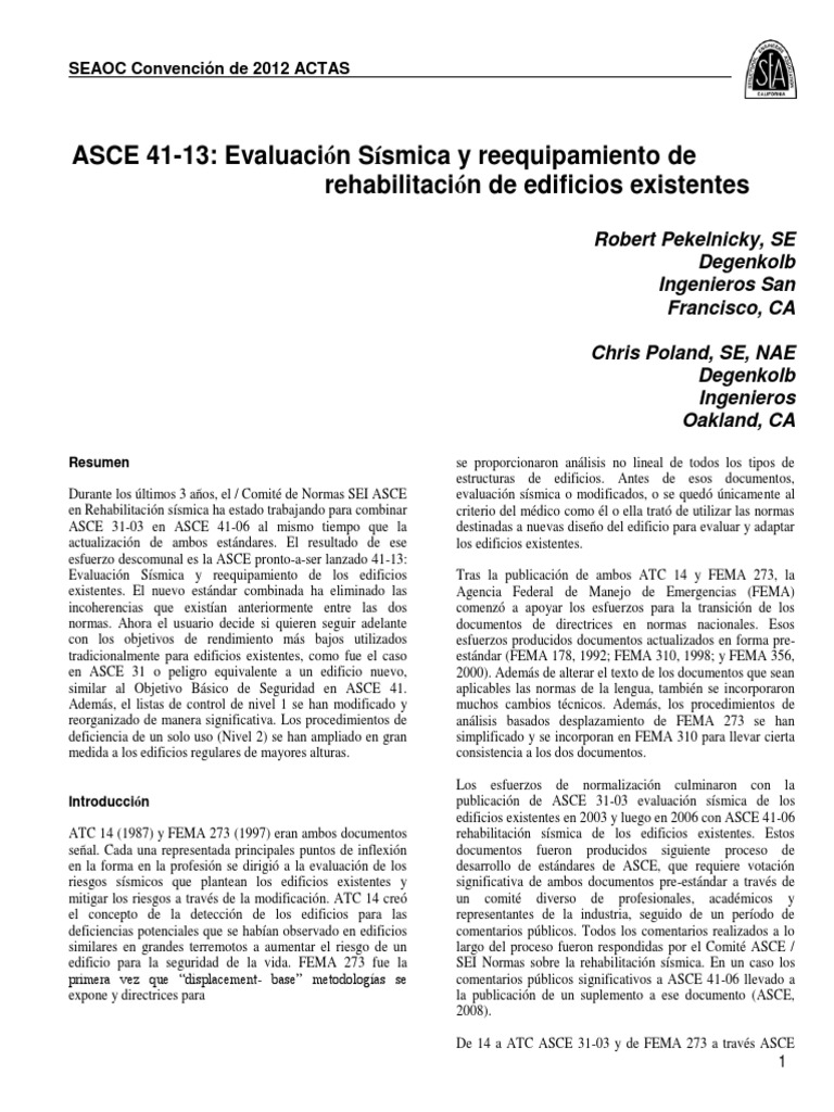 Evaluación Sísmica ASCE 41-13 | PDF | Temblores | Agencia Federal de Manejo de Emergencias