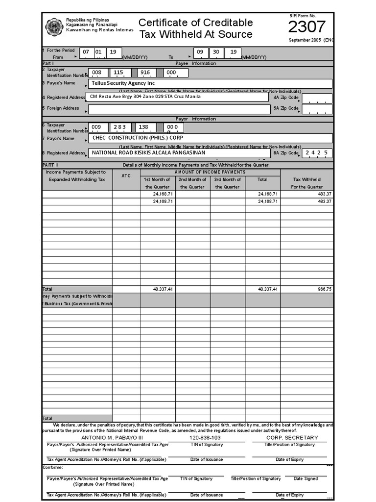 Certificate of Creditable Tax Withheld at Source: CM Recto Ave Brgy 304 ...