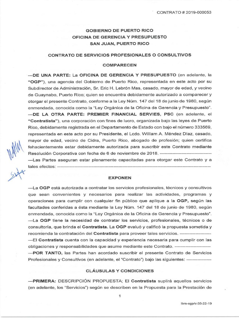 Contrato Premier Financial Services Ogp 2019-000053 Viabilidad ...