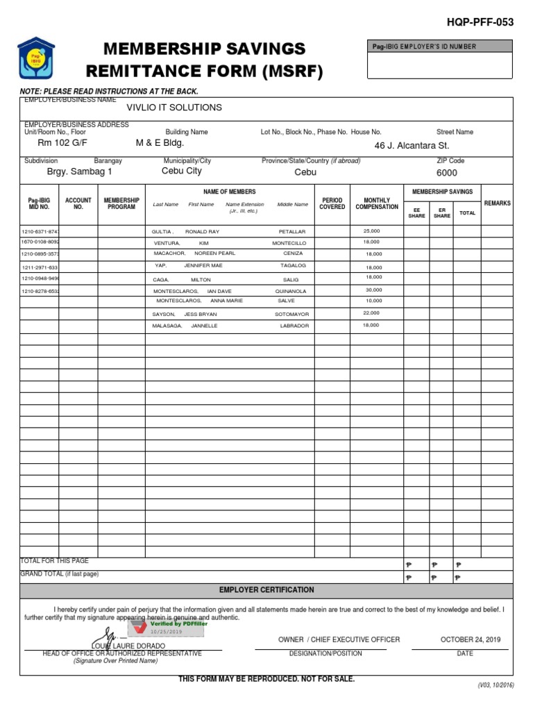 Membership Savings Remittance Form (MSRF) : Vivlio It Solutions | PDF ...