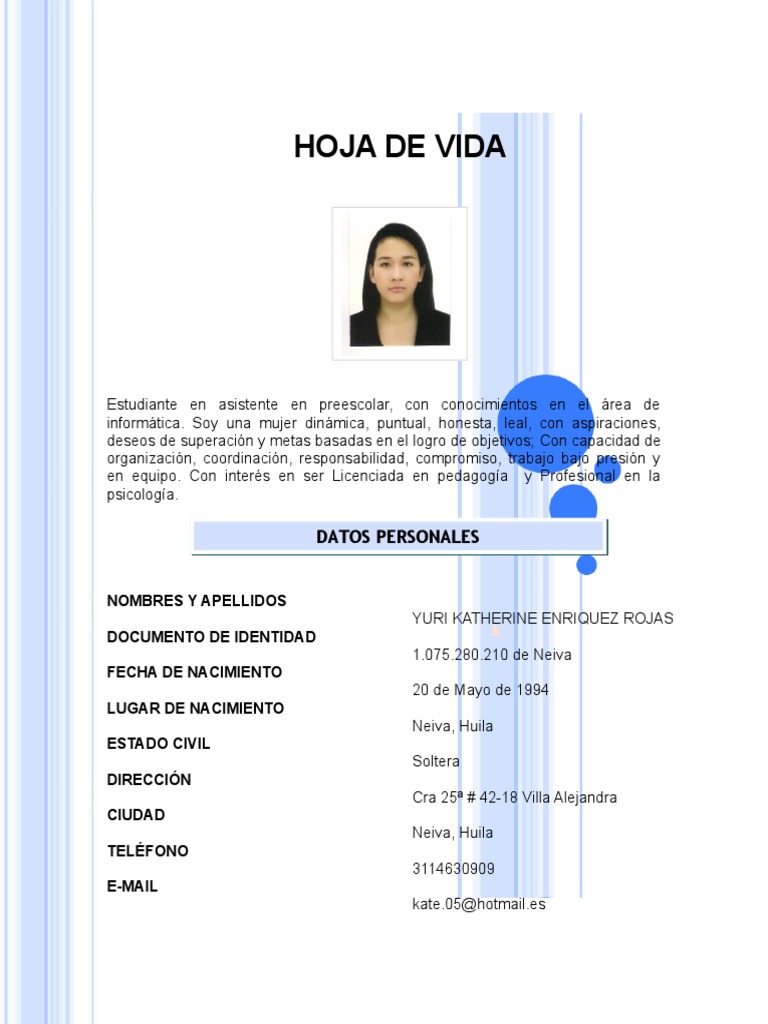 Hoja de Vida Kate Rojas | PDF | Educación de la primera infancia ...