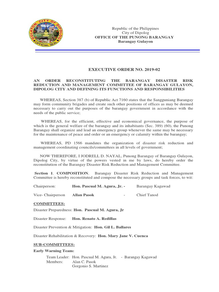 2 Executive Order BDRRMC | PDF | Emergency Management | National Security